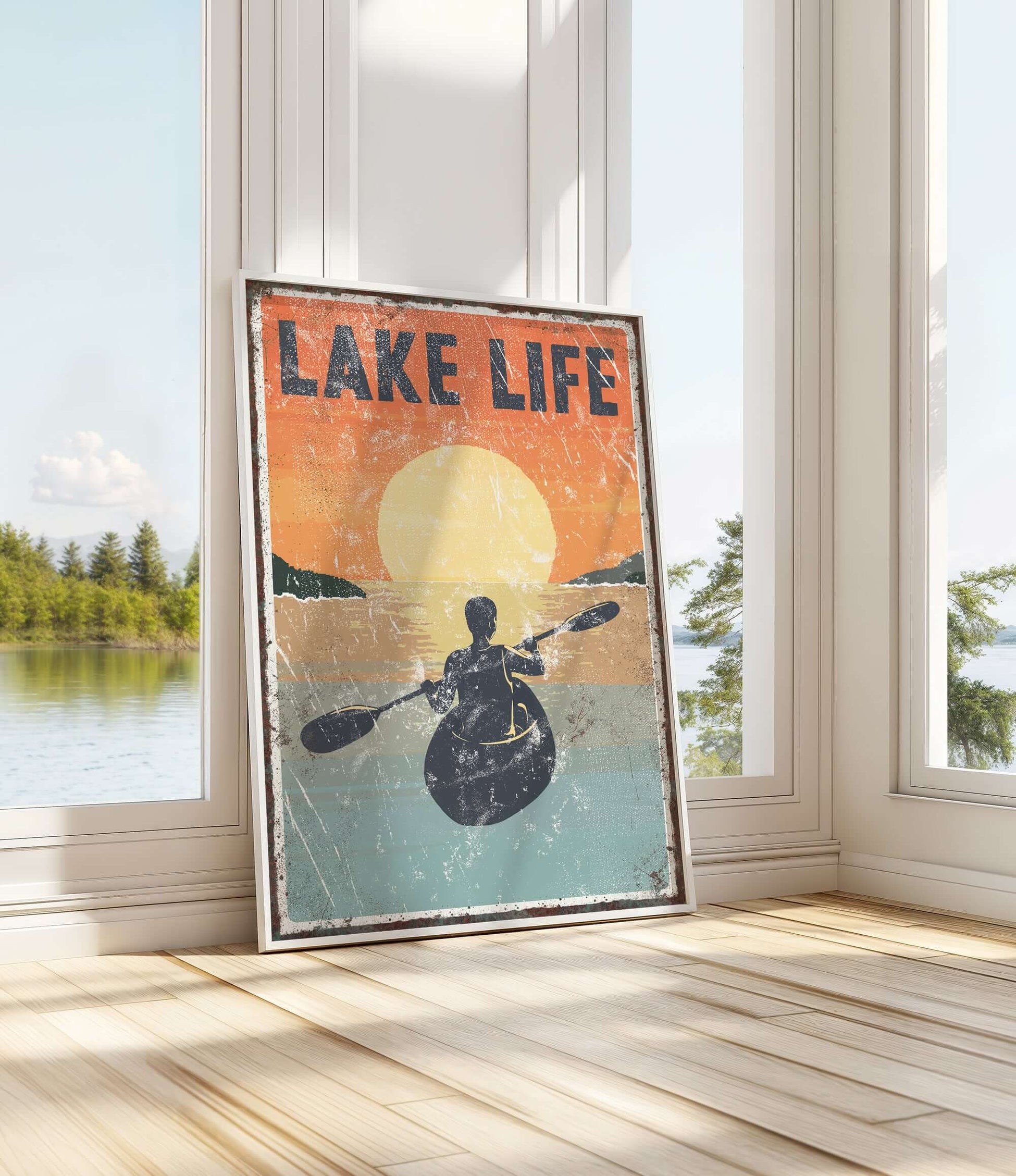 Lake Life Sunset Sign, Male Kayaker
