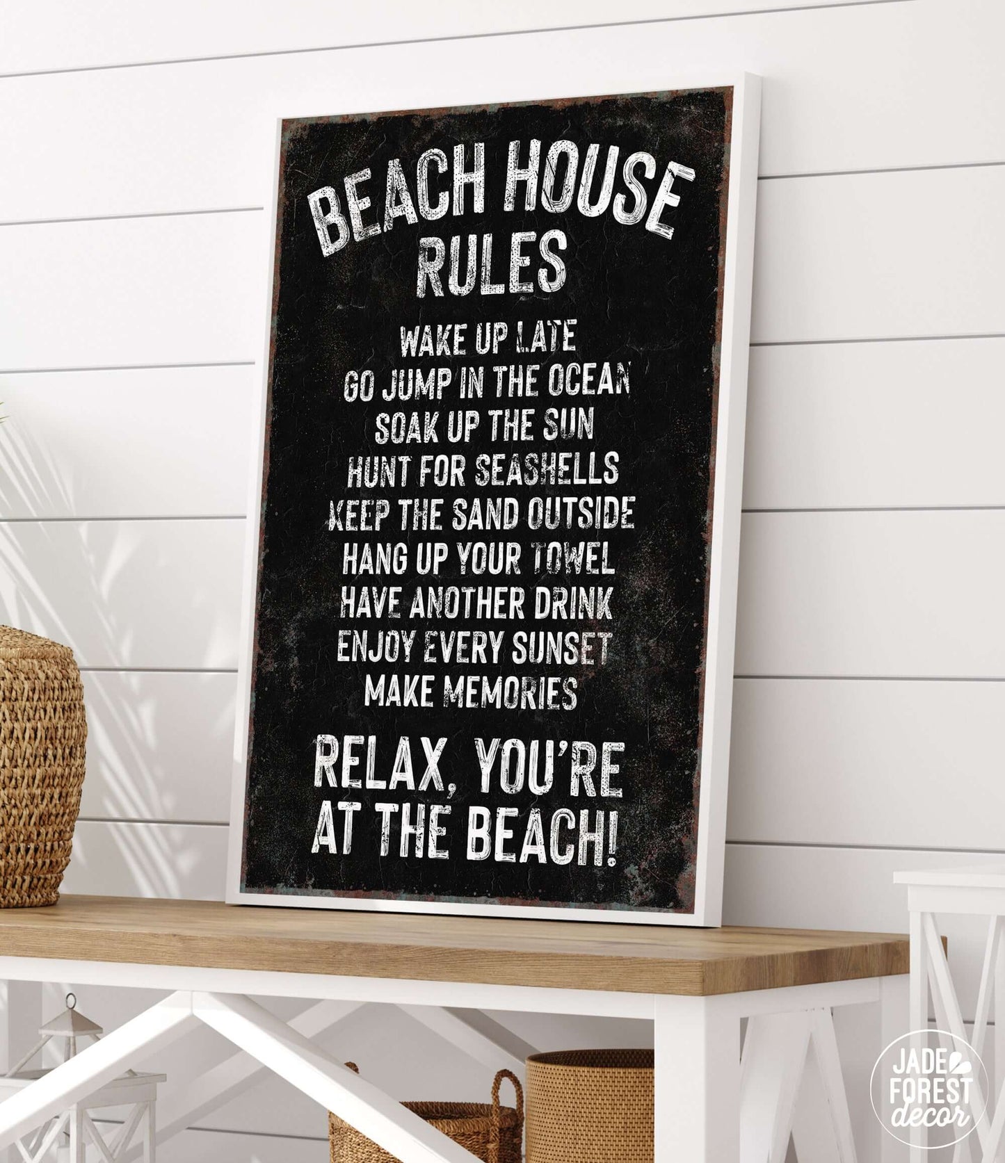 "Beach House Rules" Sign in Black and White, Vintage Beach House Decor