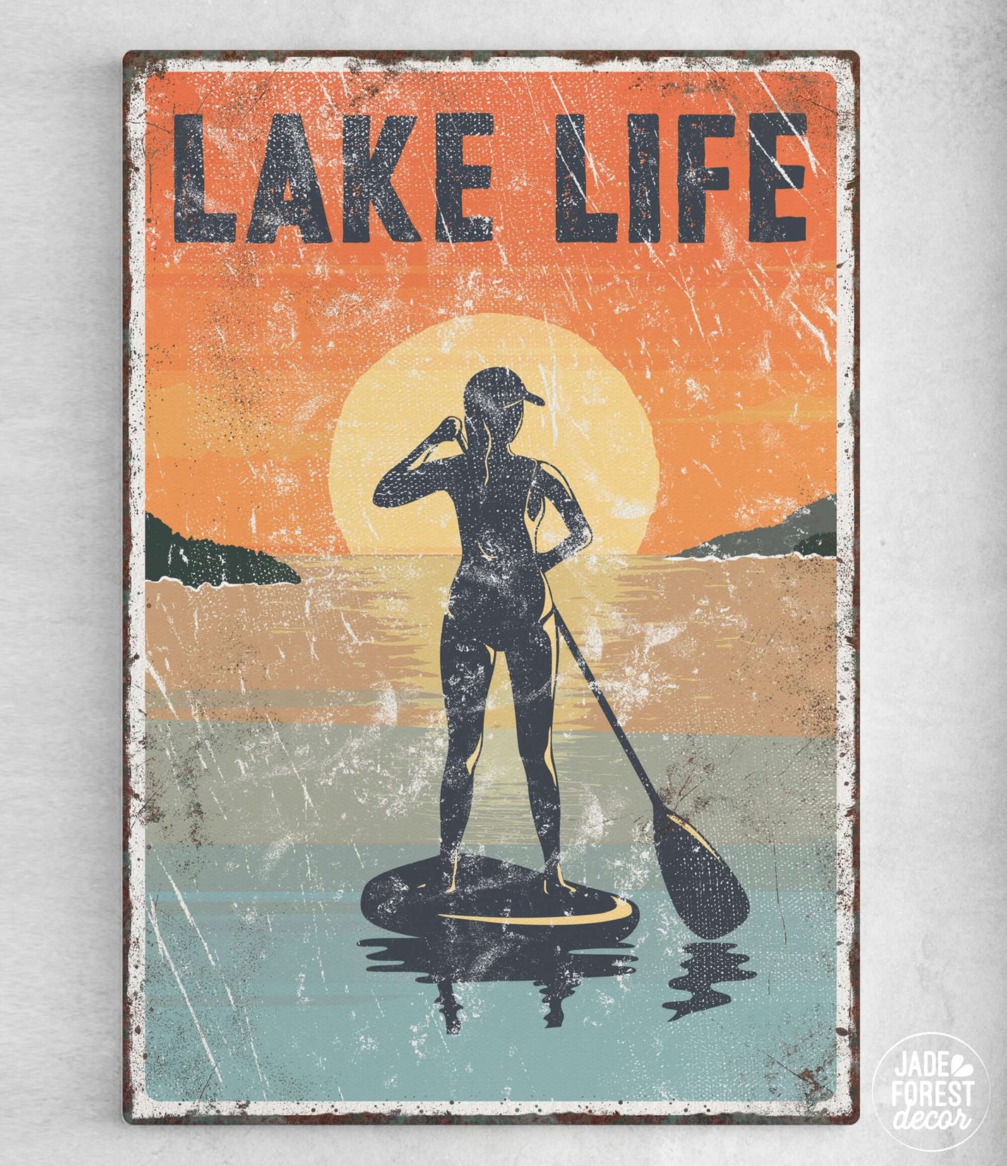 "Lake Life" Paddleboard Sign, Female Paddleboarder, Sunset Colors, Lak ...