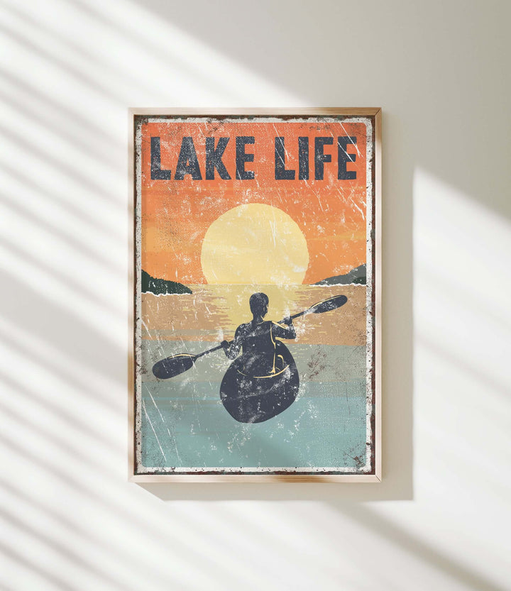Lake Life Sunset Sign, Male Kayaker