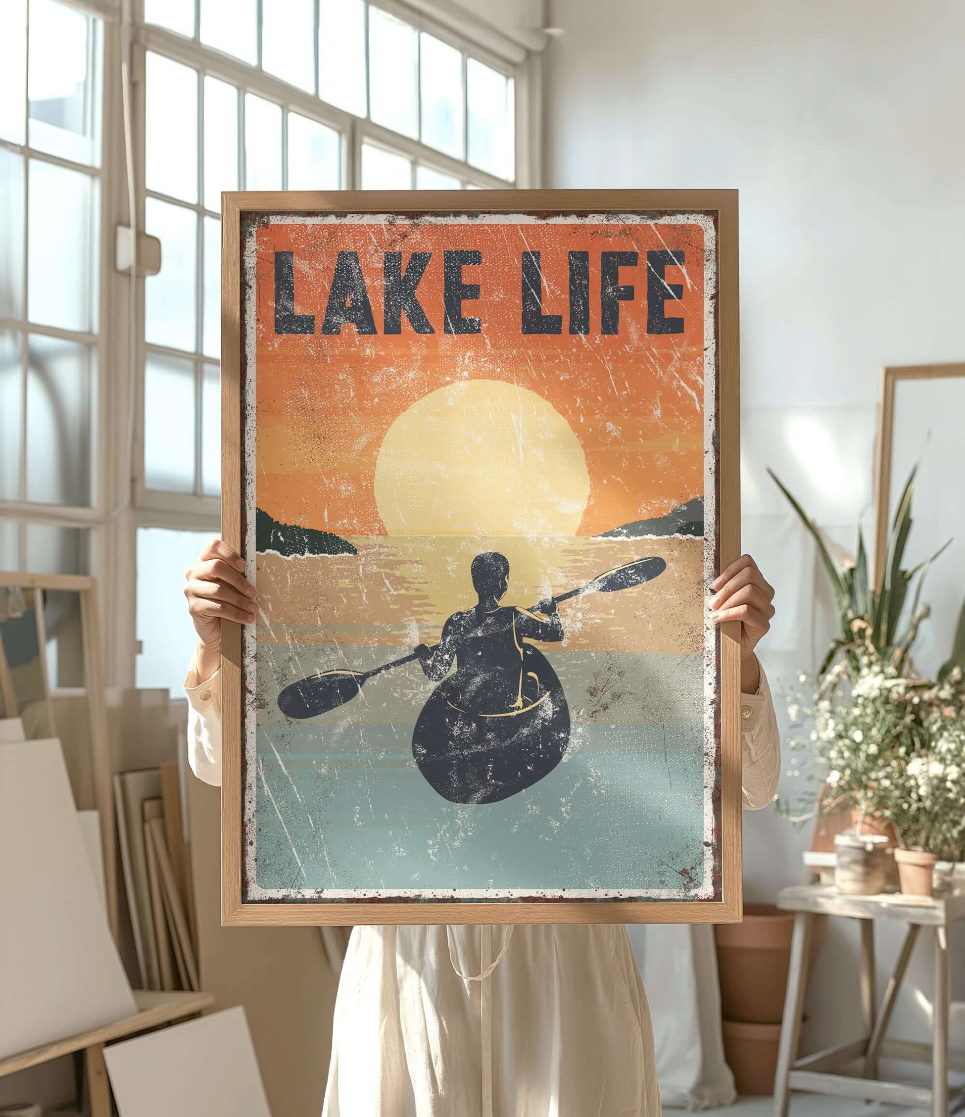 Lake Life Sunset Sign, Male Kayaker